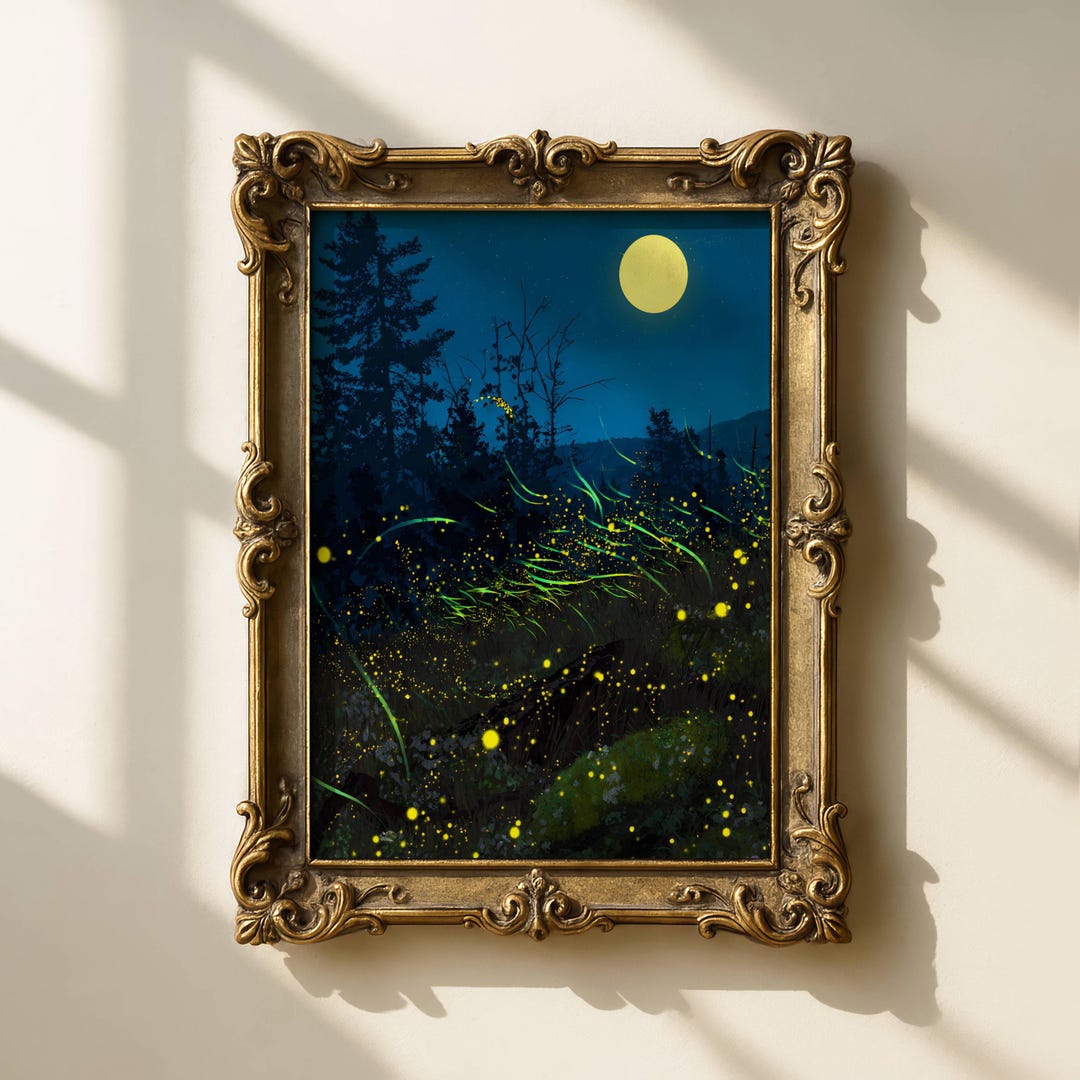 Enchanting Fireflies in a Forest Bush Poster, Whimsical Lightning Bugs ...
