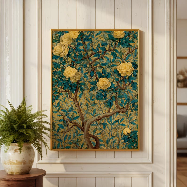 Golden Rose Poster, William Morris Inspired Botanical Pattern, Vintage ...