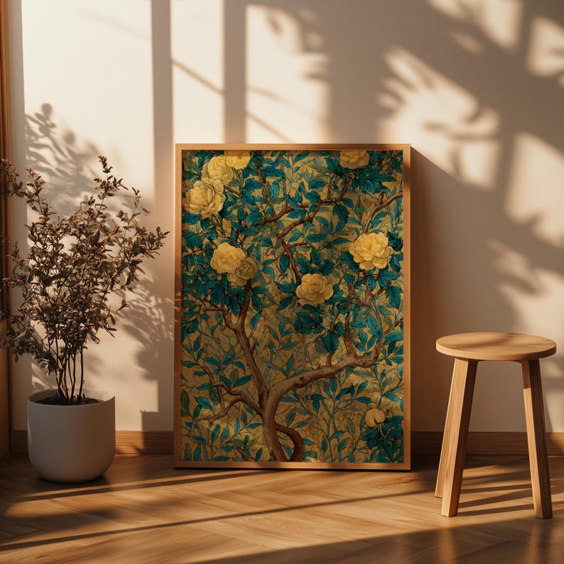 Golden Rose Poster, William Morris Inspired Botanical Pattern, Vintage ...