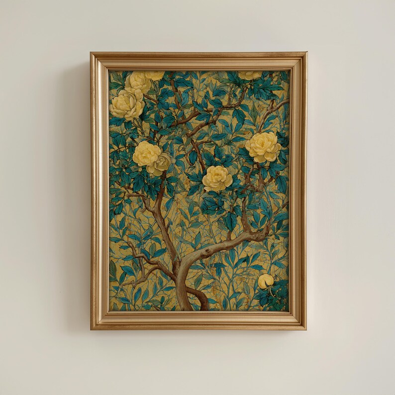 Golden Rose Poster, William Morris Inspired Botanical Pattern, Vintage ...