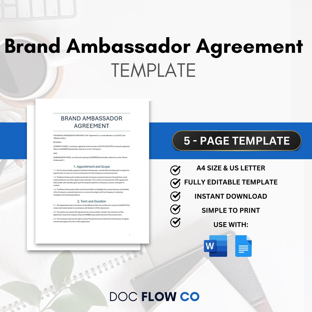Printable Brand Ambassador Agreement Template Editable Influencer ...