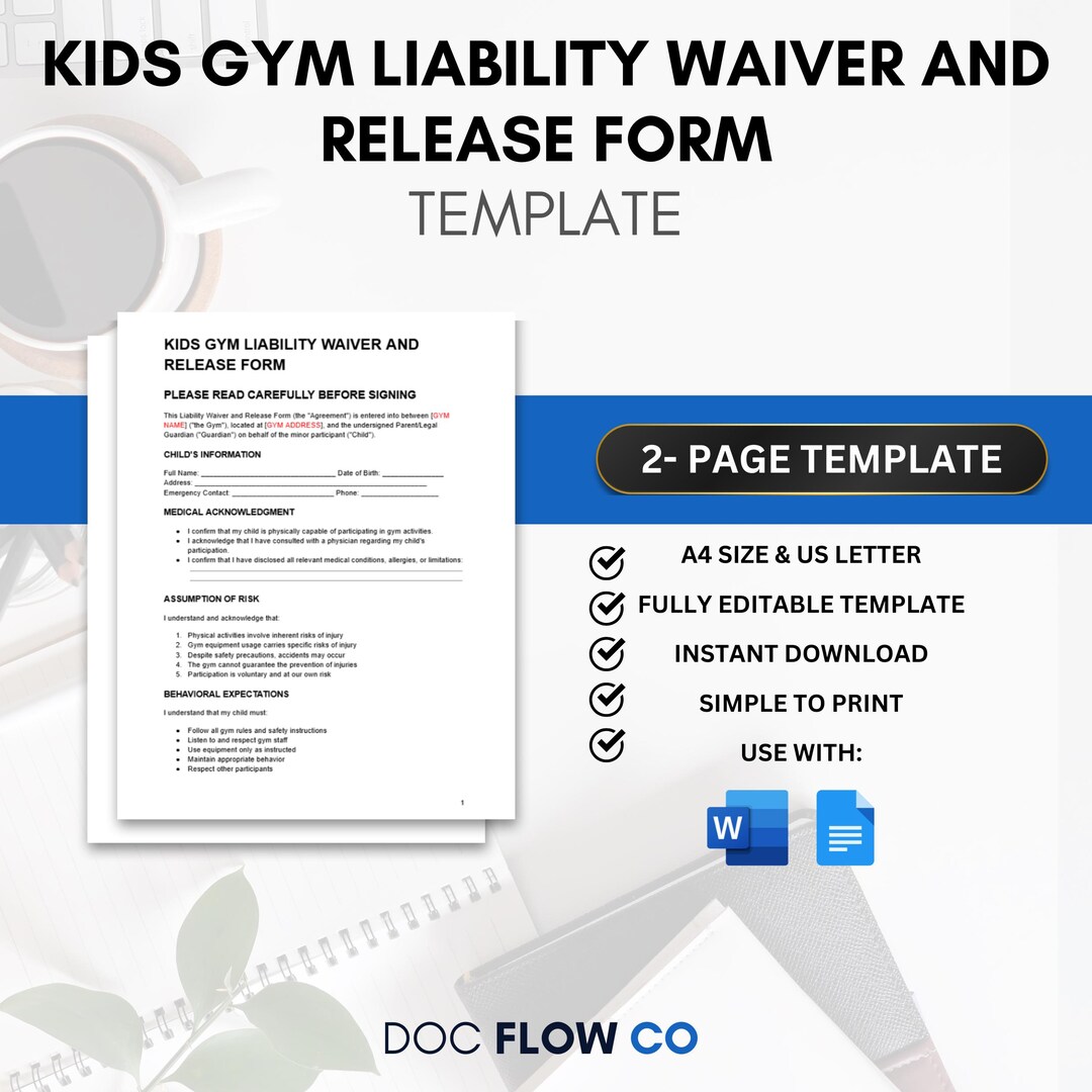 Printable Kids Gym Liability Waiver Template Editable in Word & Google ...