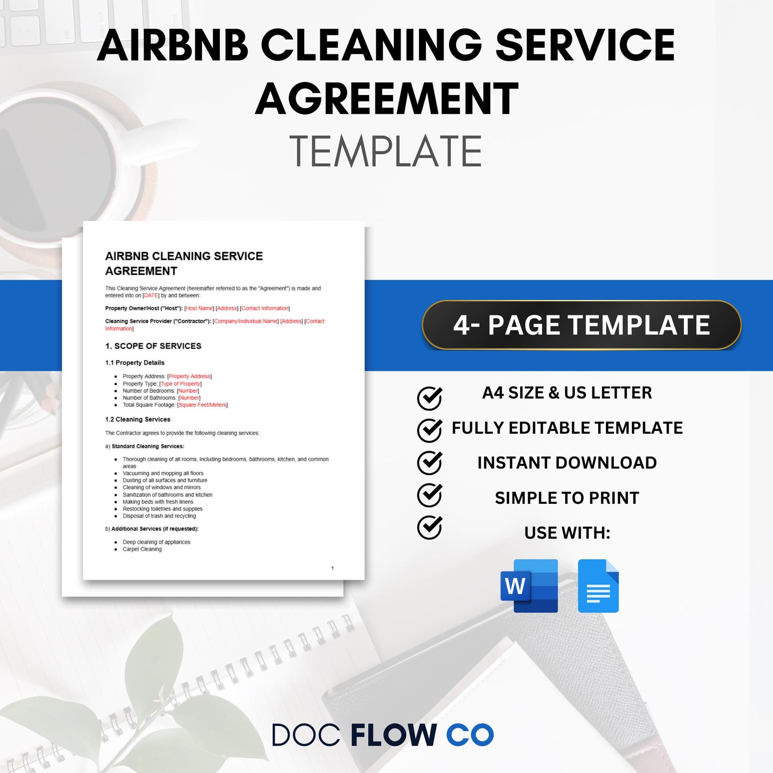 Printable Airbnb Cleaning Contract Template Editable in Word & Google ...