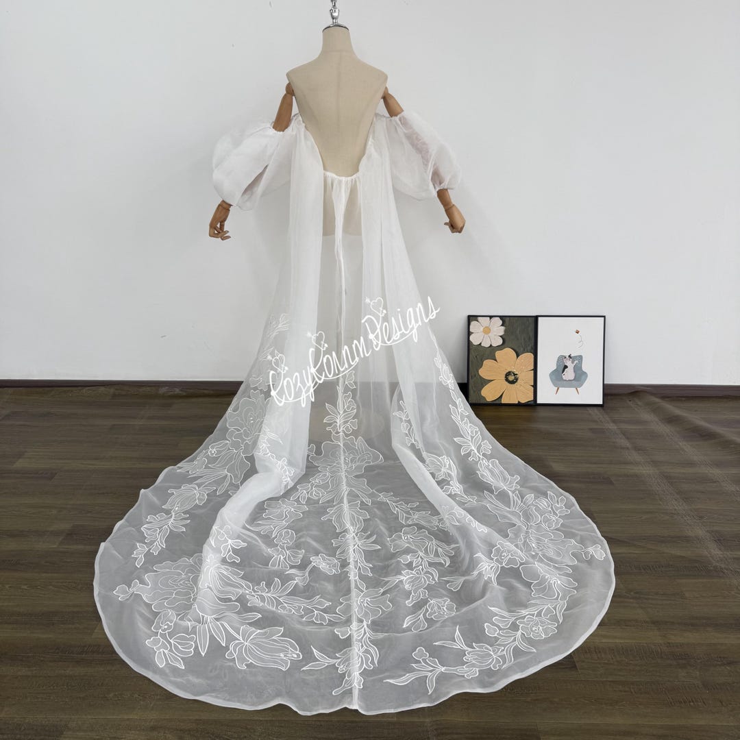 Off Shoulder Organza Trailing Robe Lace Flower,detachable Back Long ...