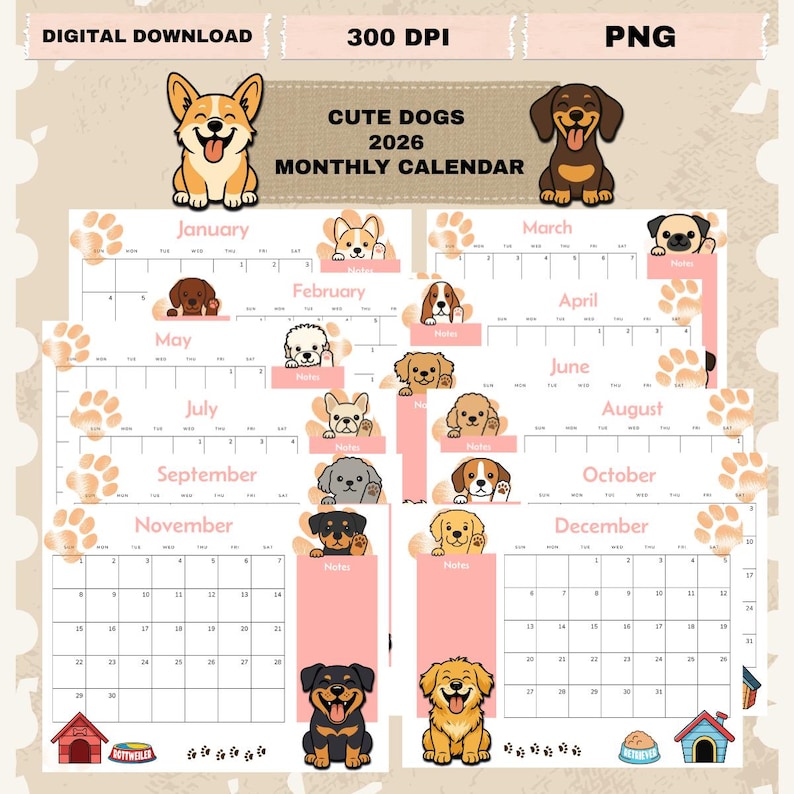 2026 Dog Calendar PNG PDF: US Letter Size = 8.5 × 11 Inches, Landscape ...