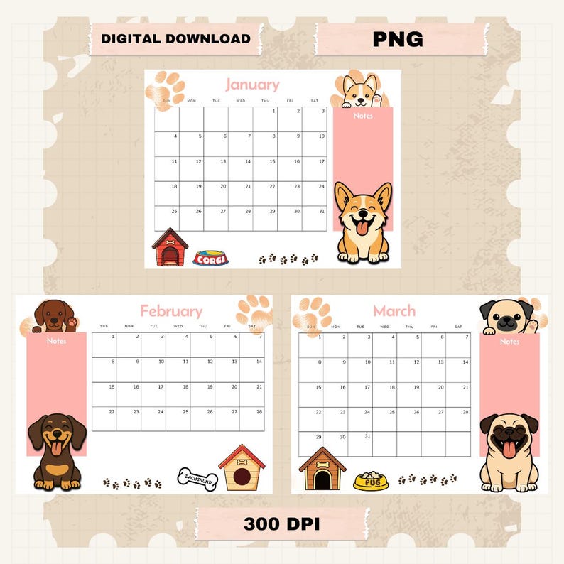 2026 Dog Calendar PNG PDF: US Letter Size = 8.5 × 11 Inches, Landscape ...