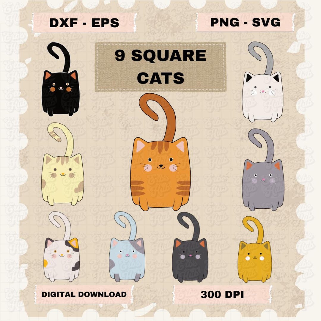 9 Cute Square Cat Bundle PNG, Kawaii Chubby Clipart, Cartoon ...