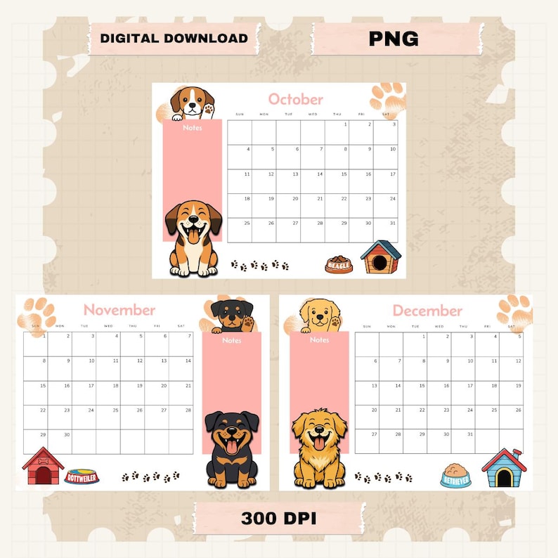 2026 Dog Calendar PNG PDF: US Letter Size = 8.5 × 11 Inches, Landscape ...