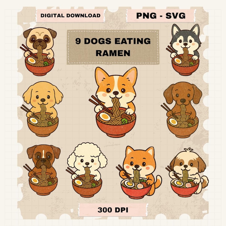 9 Dogs Eating Ramen PNG, Design Bundle, Funny Cute Short Dog, Cartoon ...