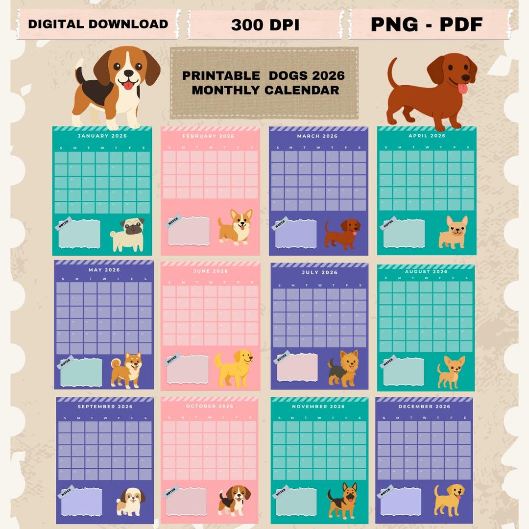 2026 Dog Calendar: Cute Puppy Monthly Planner (PDF, PNG) - Etsy