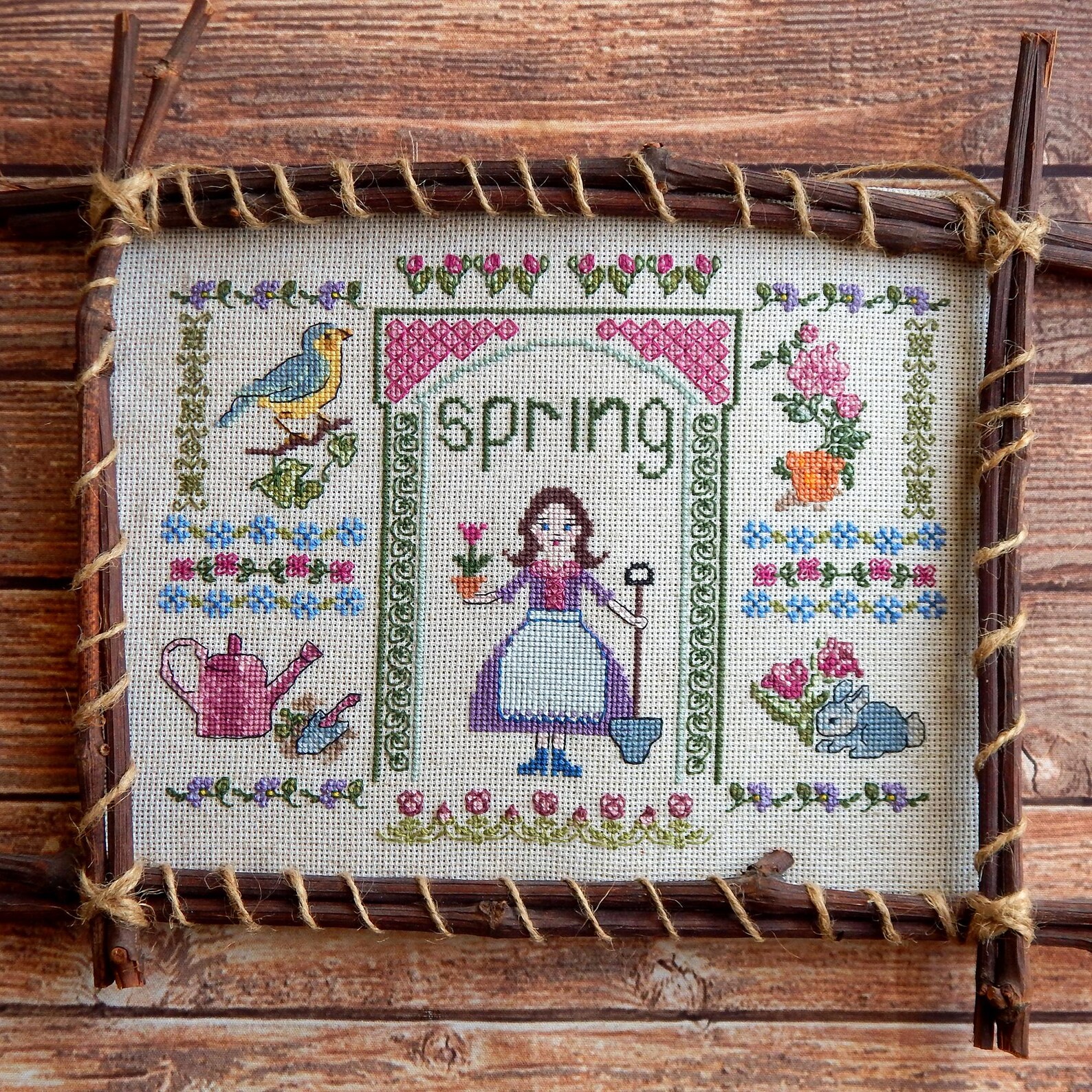 Spring Time Cross Stitch Pattern: Sampler Girl, Garden Flowers (PDF ...