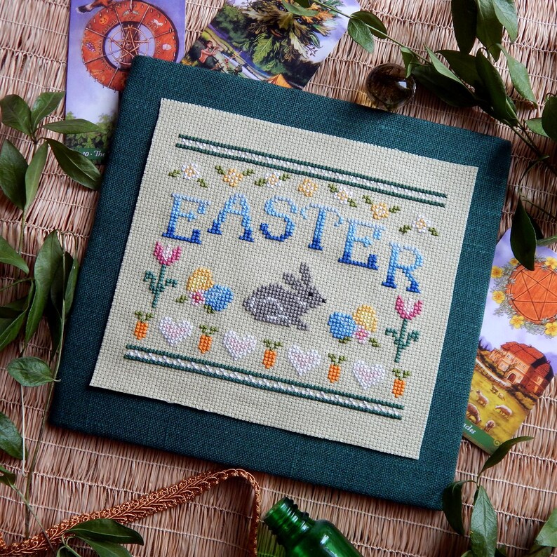 Easter Joy Cross Stitch Pattern Primitive Sampler Cute Bunny Flowers Easter Eggs Spring Decor ...