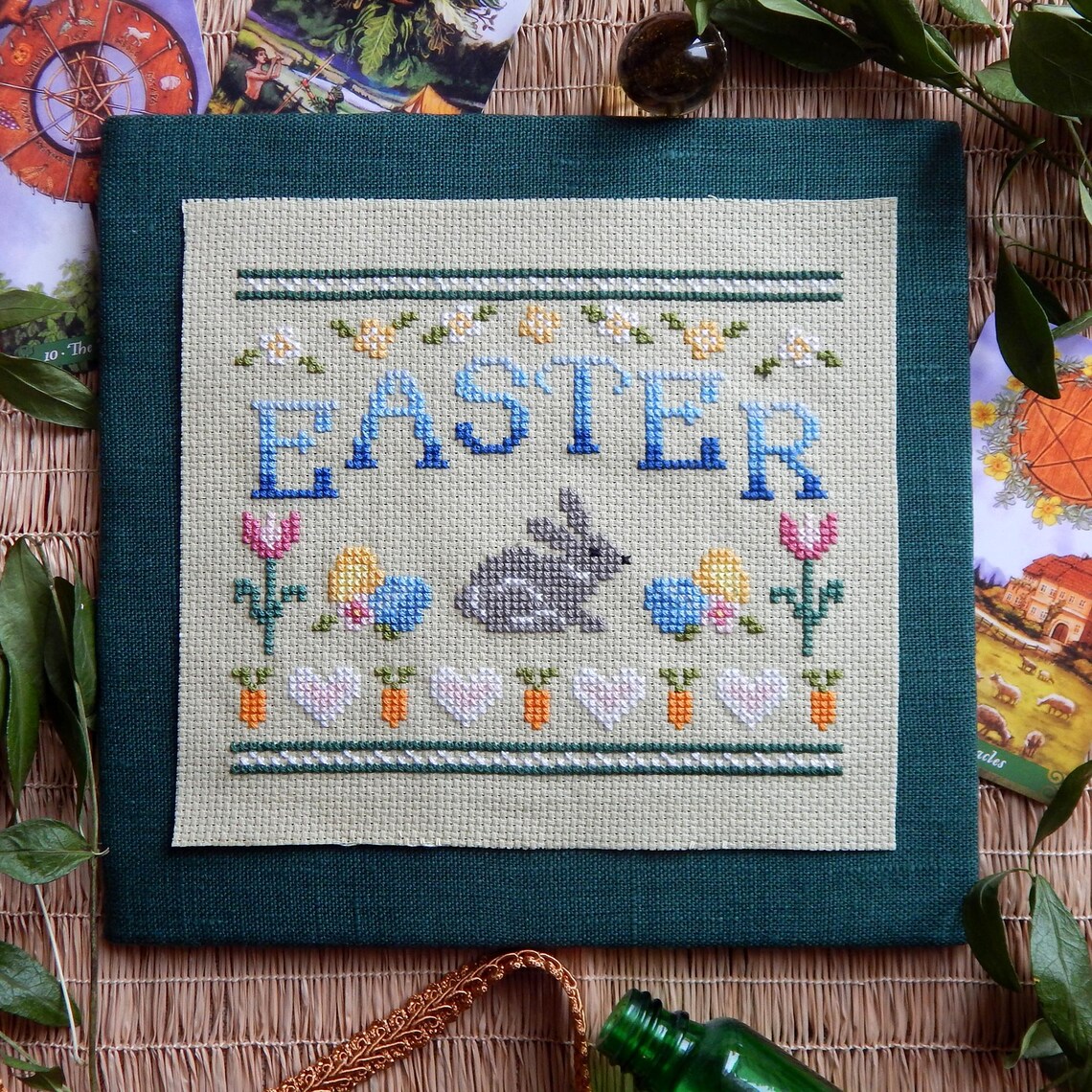 Easter Joy Cross Stitch Pattern Primitive Sampler Cute Bunny Flowers ...