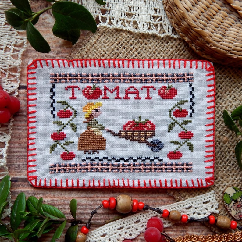 Tomato Cross Stitch Pattern Primitive Sampler Garden Girl Vegetable Harvest PDF Download - Etsy