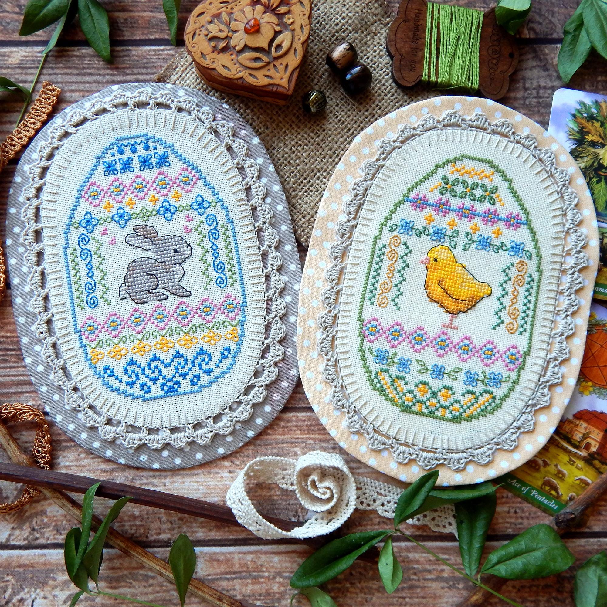 Set of Two Easter Cross Stitch Patterns Bunny and Chicken Easter Eggs ...