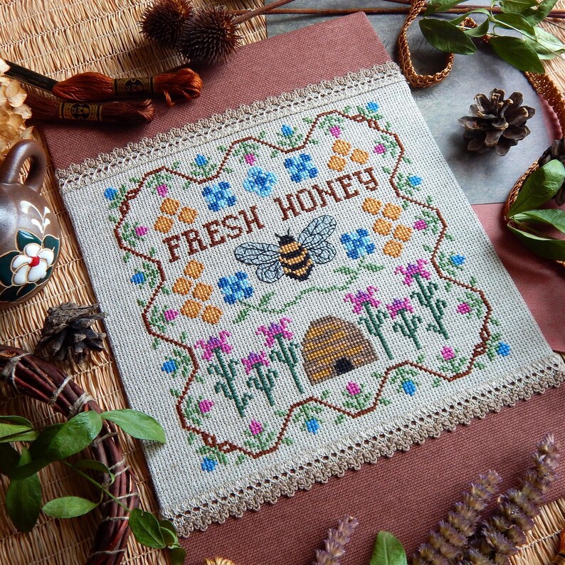 Fresh Honey Cross Stitch Pattern – Primitive Sampler PDF Embroidery ...
