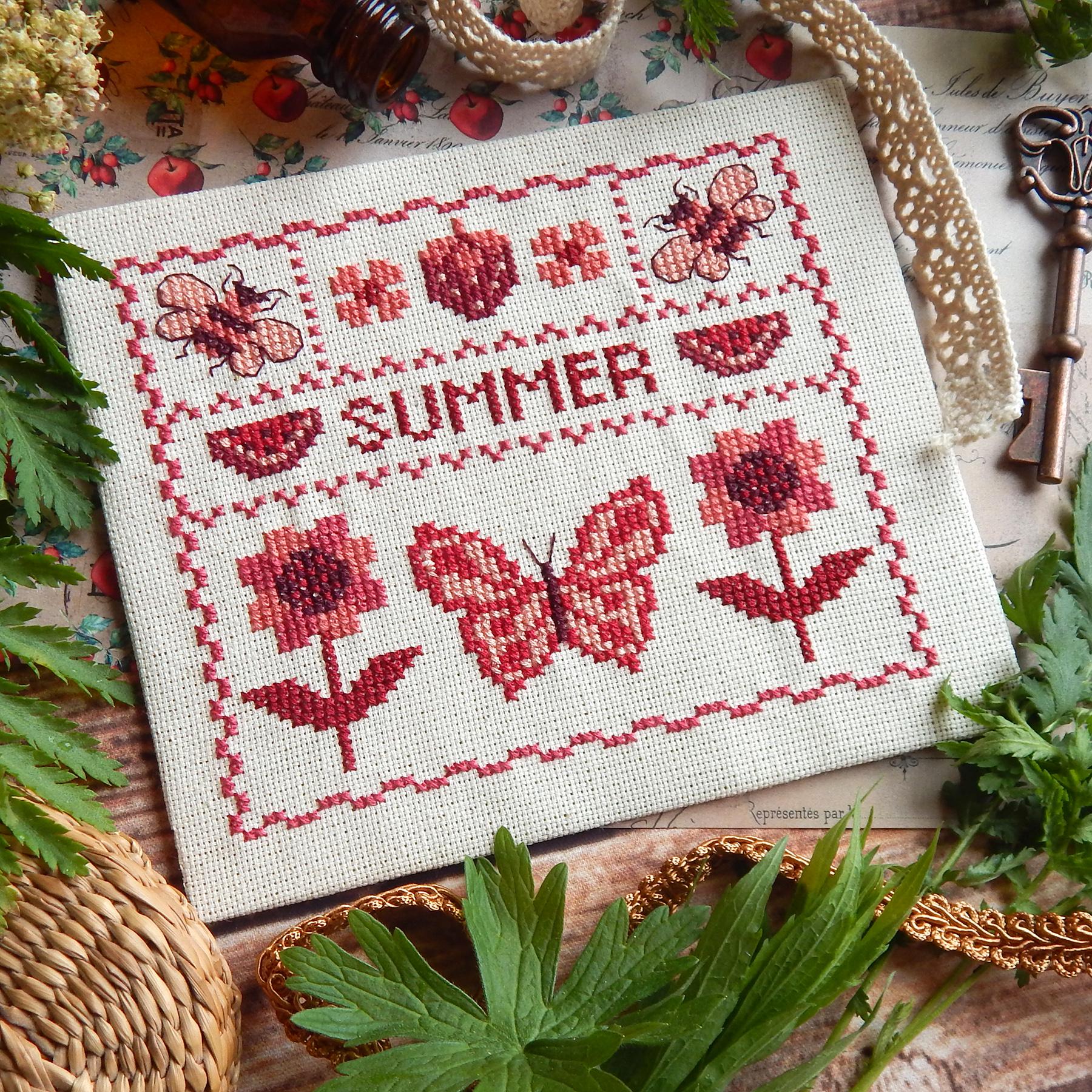 Red Summer Cross Stitch Pattern Primitive Sampler With Butterfly, Bees ...