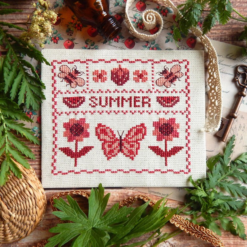 Red Summer Cross Stitch Pattern Primitive Sampler With Butterfly, Bees ...