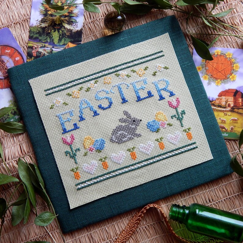 Easter Joy Cross Stitch Pattern Primitive Sampler Cute Bunny Flowers Easter Eggs Spring Decor ...