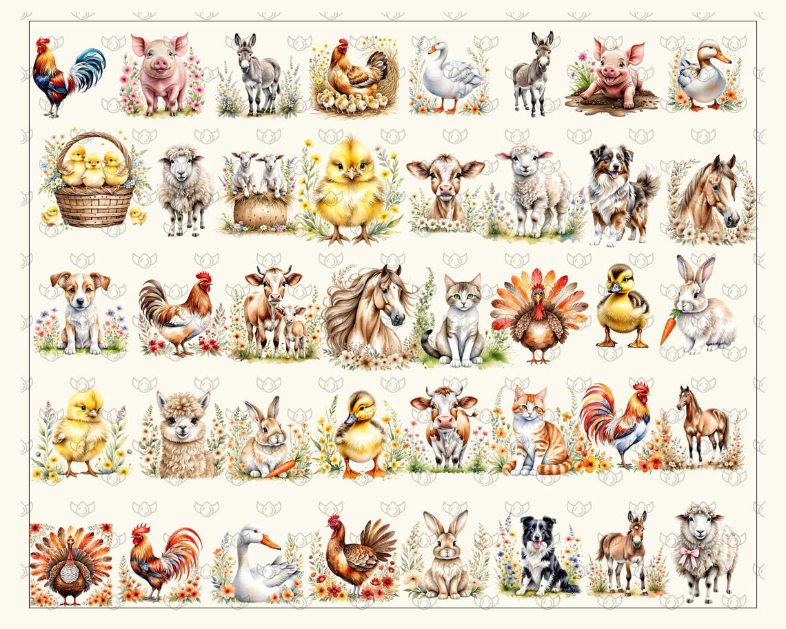 Farm Animals Clipart Set Farm, Barn, Farmyard Animals, Sheep, Cow ...