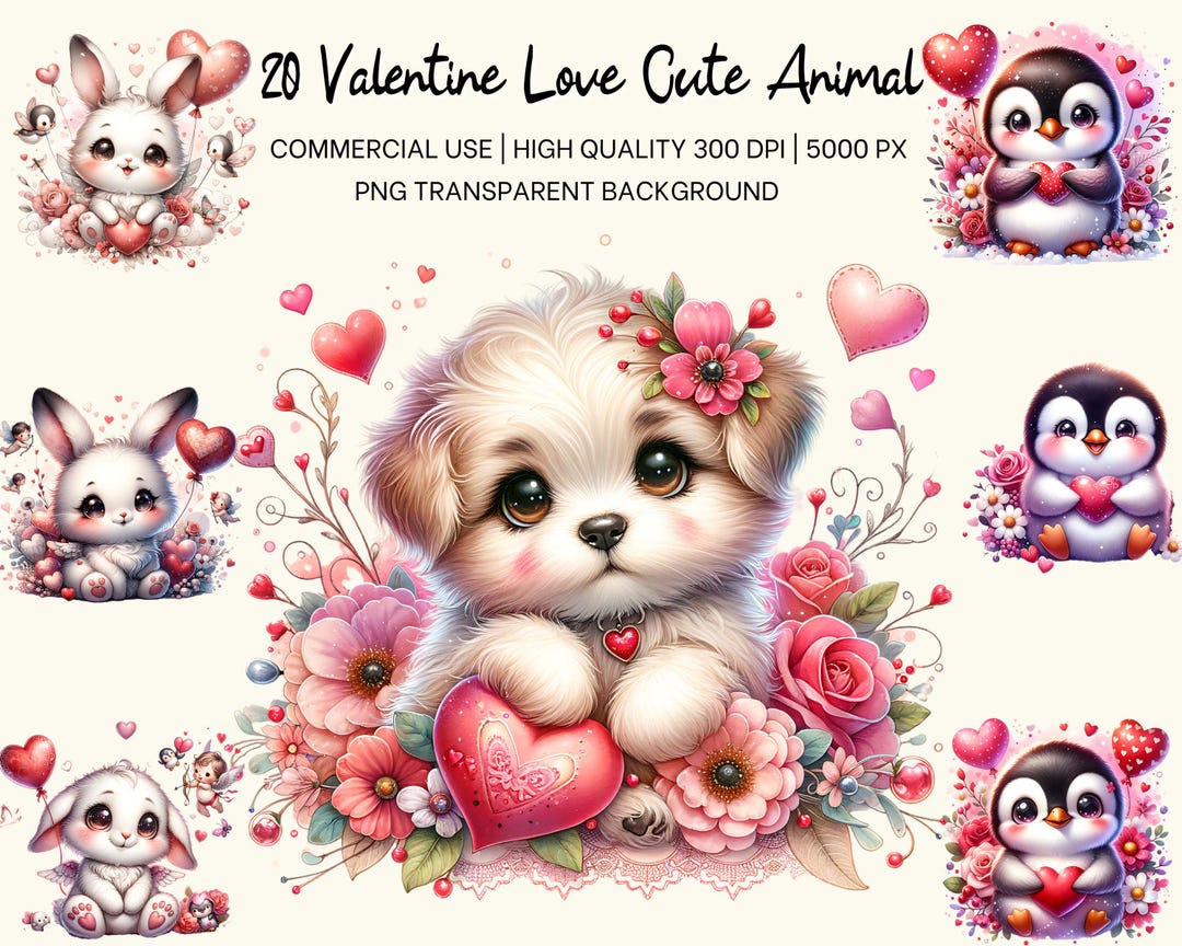 20 Valentine Cute Love Animals Clipart Bundle, 30 Digital Download ...