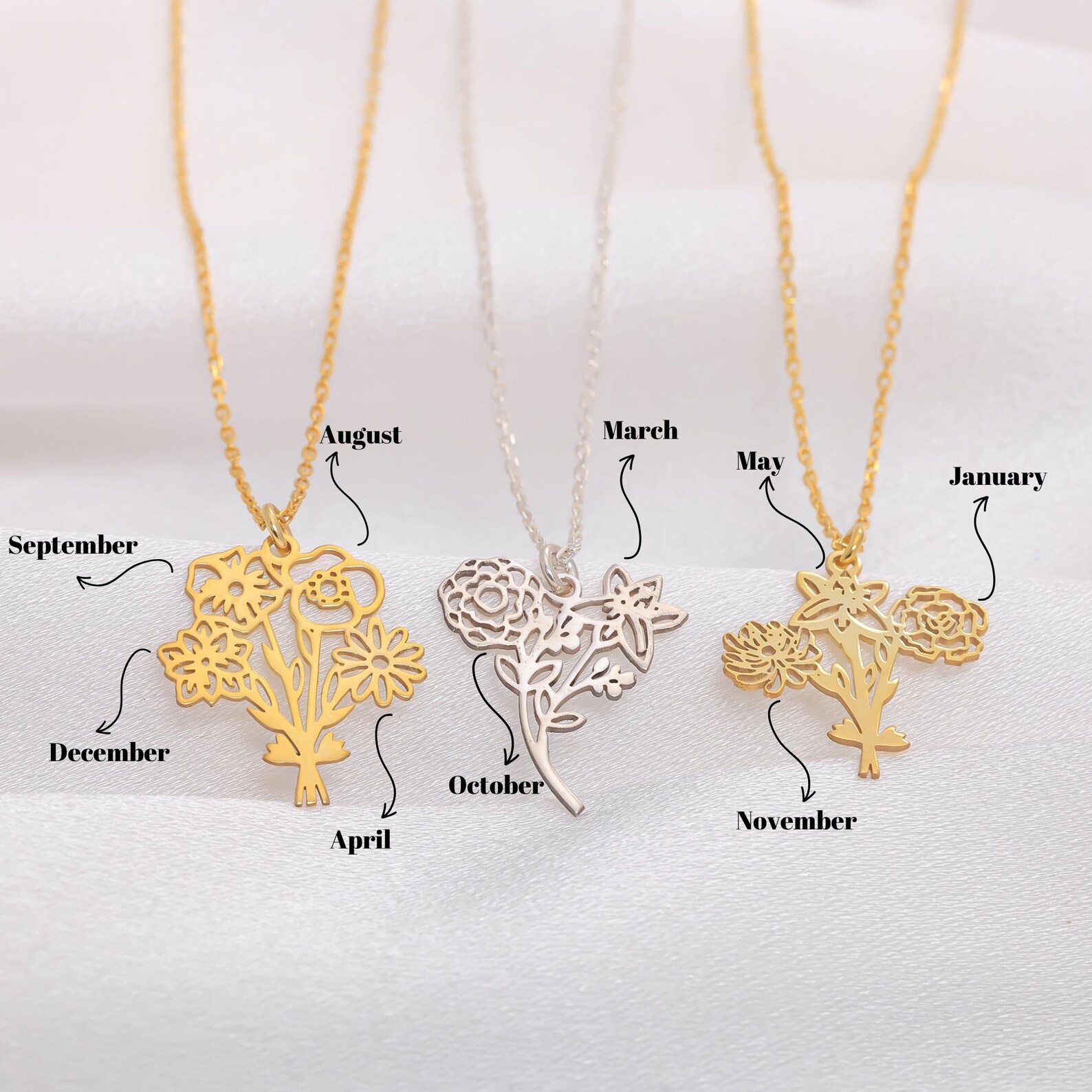 Family Birth Flower Necklace Gold Birth Month Flower Necklace Multiple ...