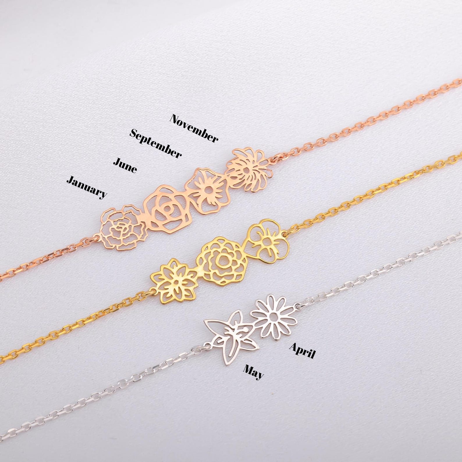 Dainty Birth Flower Bracelet Birth Flower Bouquet Bracelet Personalized ...