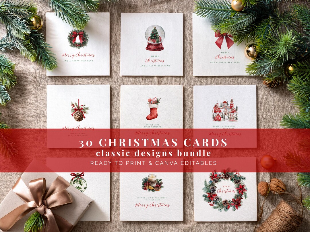 30 Classic Christmas Cards Bundle | Minimalist Red & Green Watercolor ...