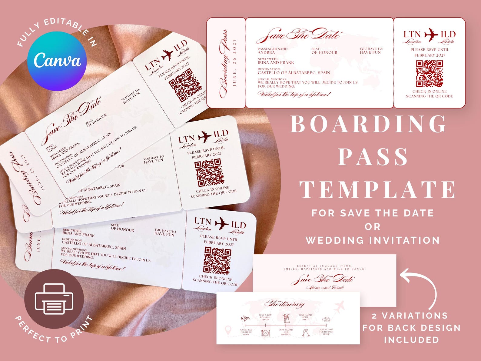Save the Date Boarding Pass Template, Editable Canva Wedding Invitation ...