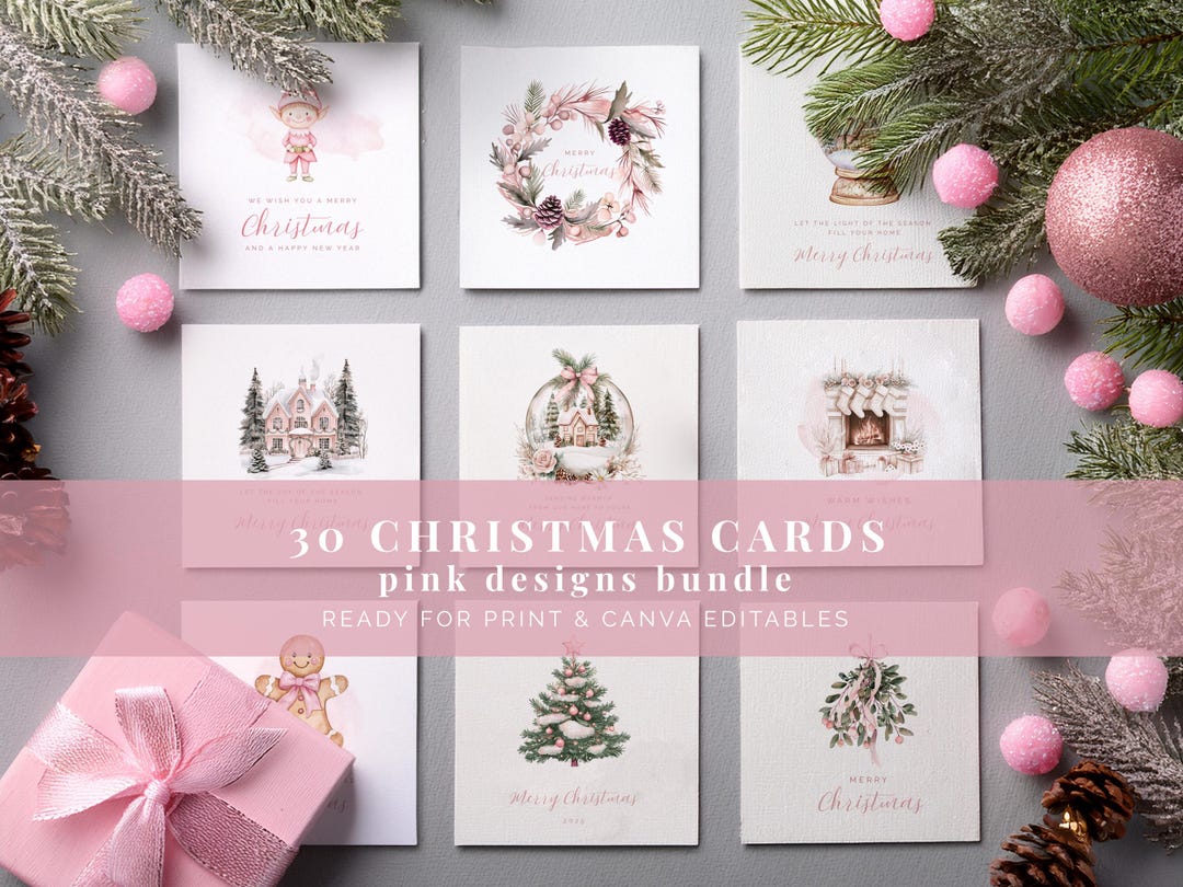 Pink Christmas Cards Bundle – 30 Printable Holiday Designs (digital ...