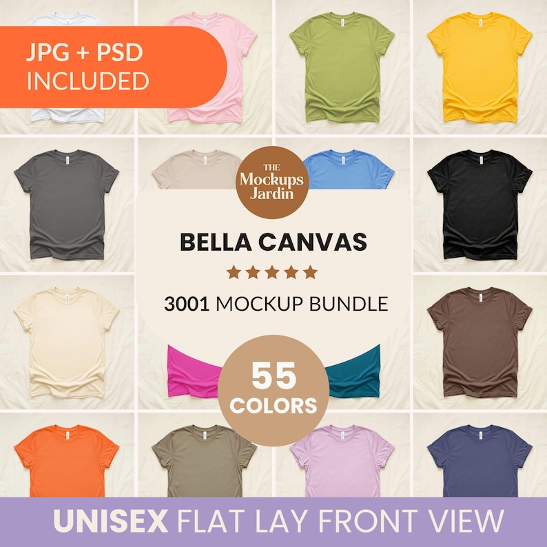Bella Canvas 3001 T-shirt Mockup Bundle | 55 Flat Lay Colors (JPG + PSD ...