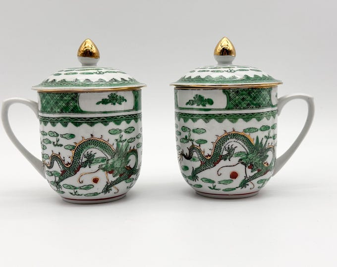 Vintage Chinese Hand Painted Dragons Porcelain Tea Cups With Lids Set ...