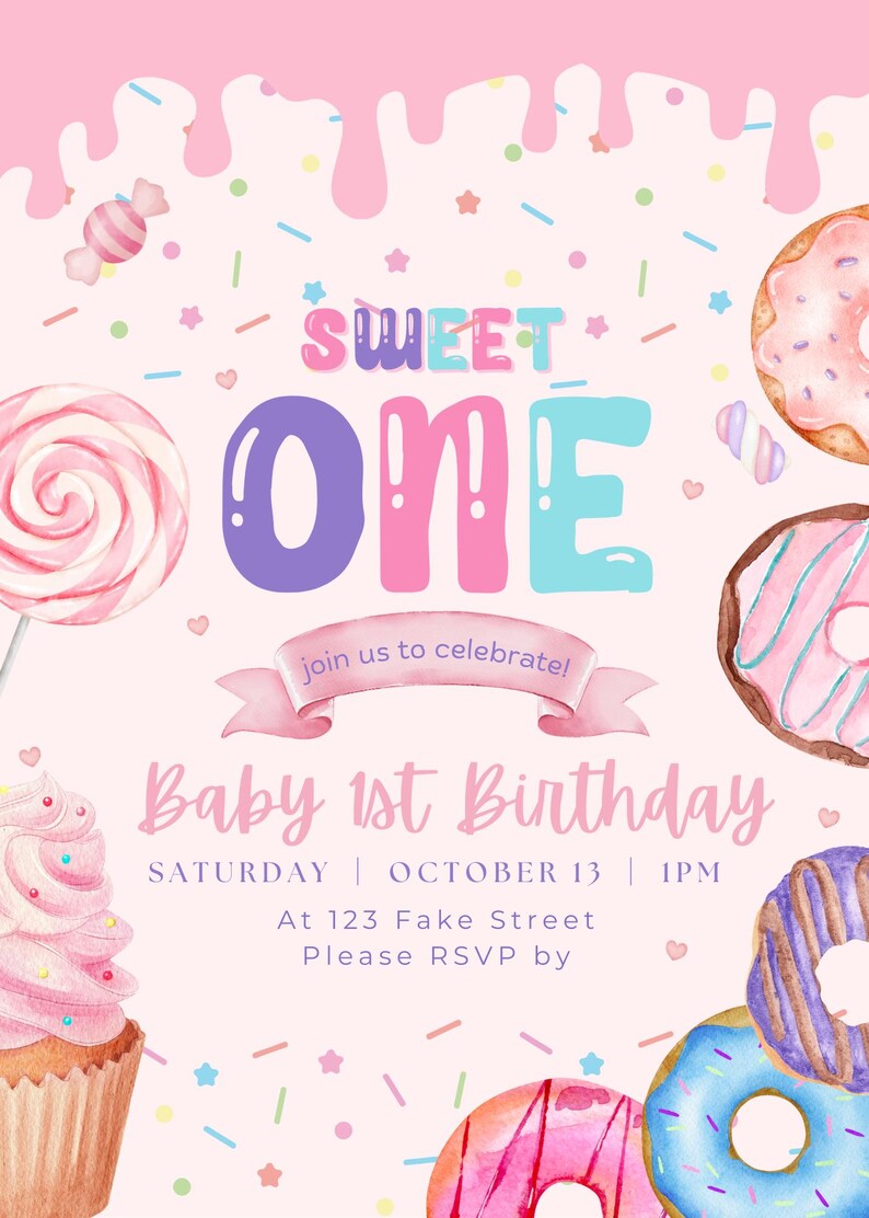 Sweet ONE Birthday Digital Invitation DIY INVITATION Canva - Etsy