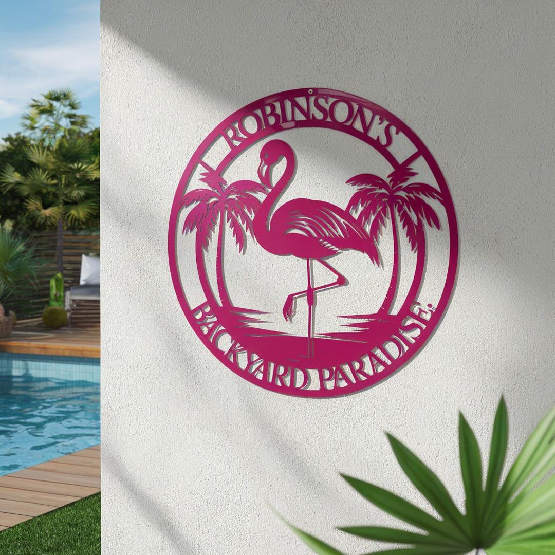 Personalized Backyard Paradise Sign, Custom Flamingo Metal Sign ...