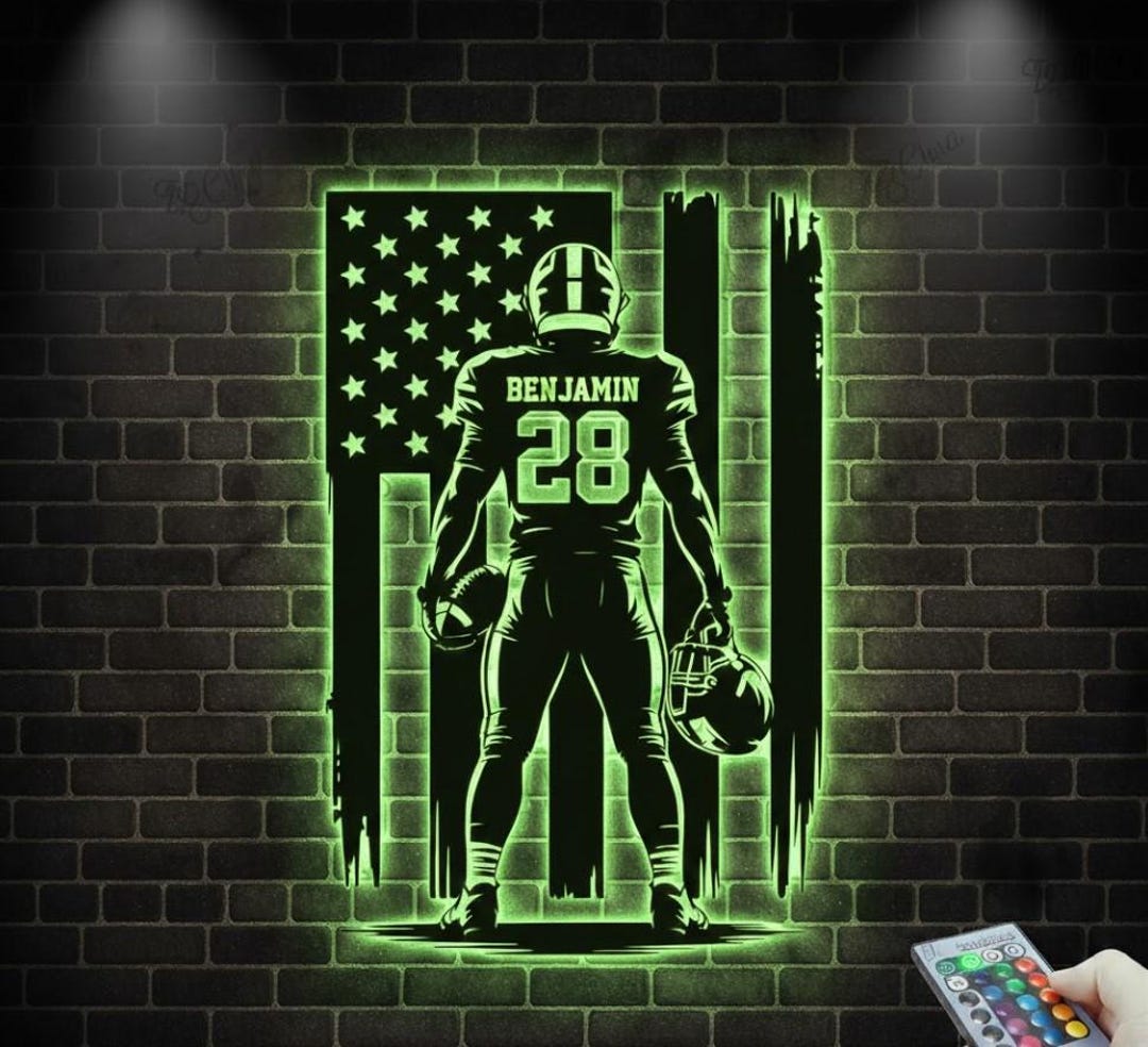 American Flag Football Sign LED, Custom Name & Number Metal Art ...