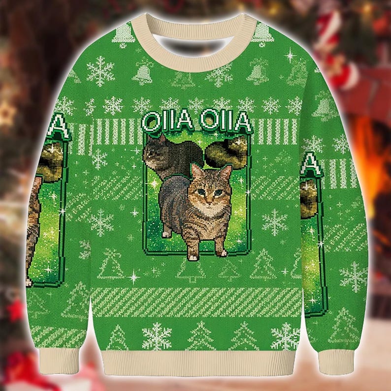 Christmas Sweater Knit Design With Tabby Cat Art, Green Winter Pattern ...