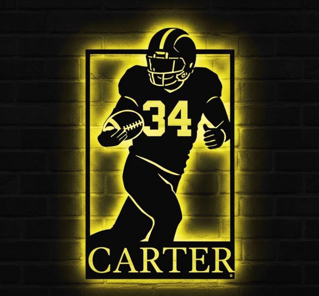 American Football LED Sign Personalized With Name, Metal Sports Art ...