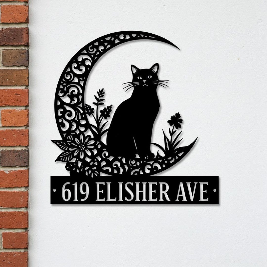 Personalized Address Sign, Custom Metal Cat Sign, Moon Cat Sign, Witchy ...