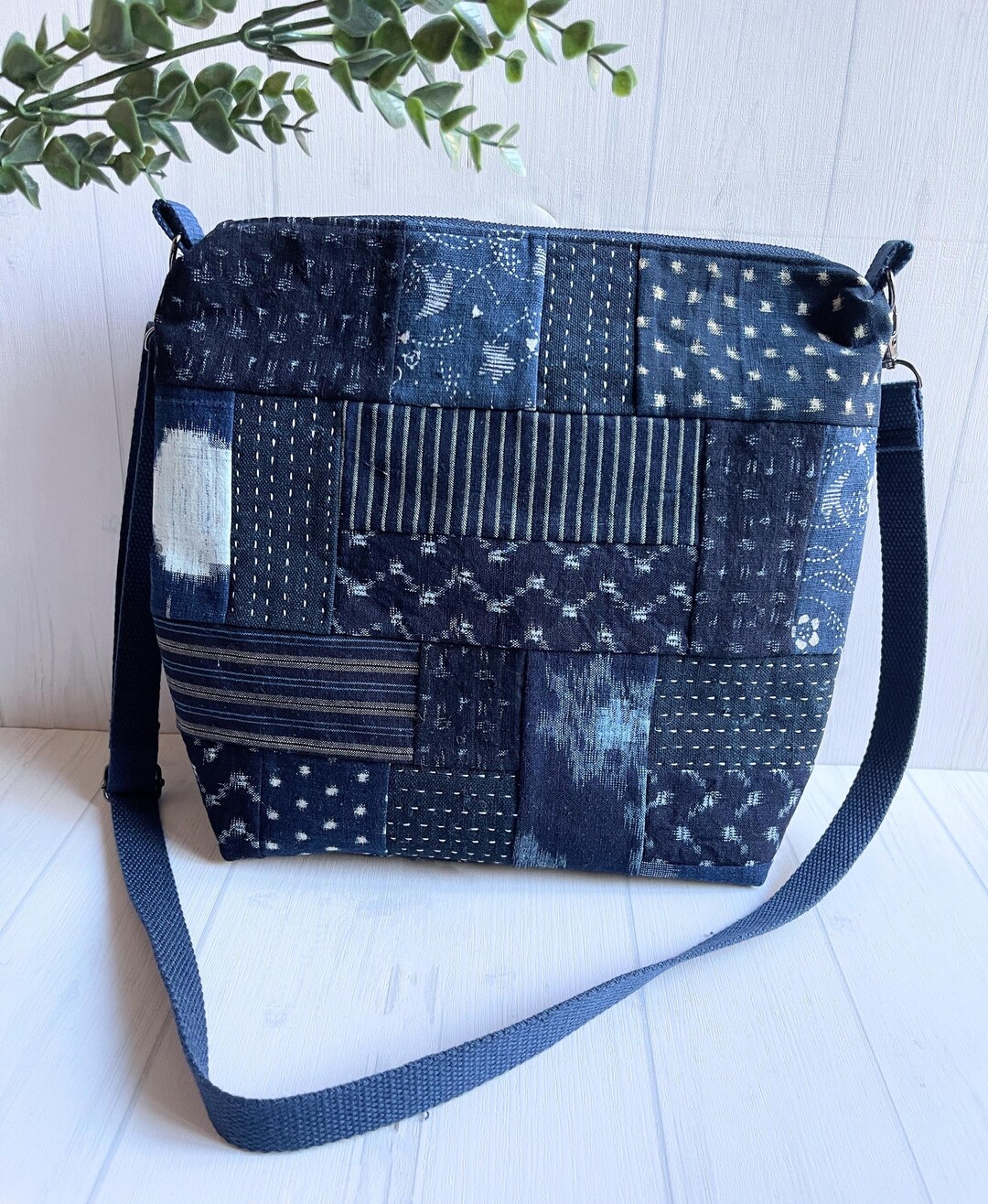 Vintage Japanese Shoulder Bag, Indigo-dyed, Adjustable Strap, Boro ...