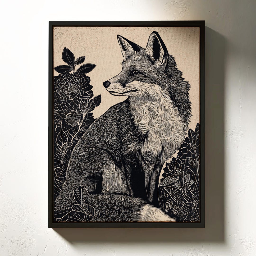 Fox Linoprint Folk Art Linocut Fox Framed Canvas Wall Art, Cottagecore ...