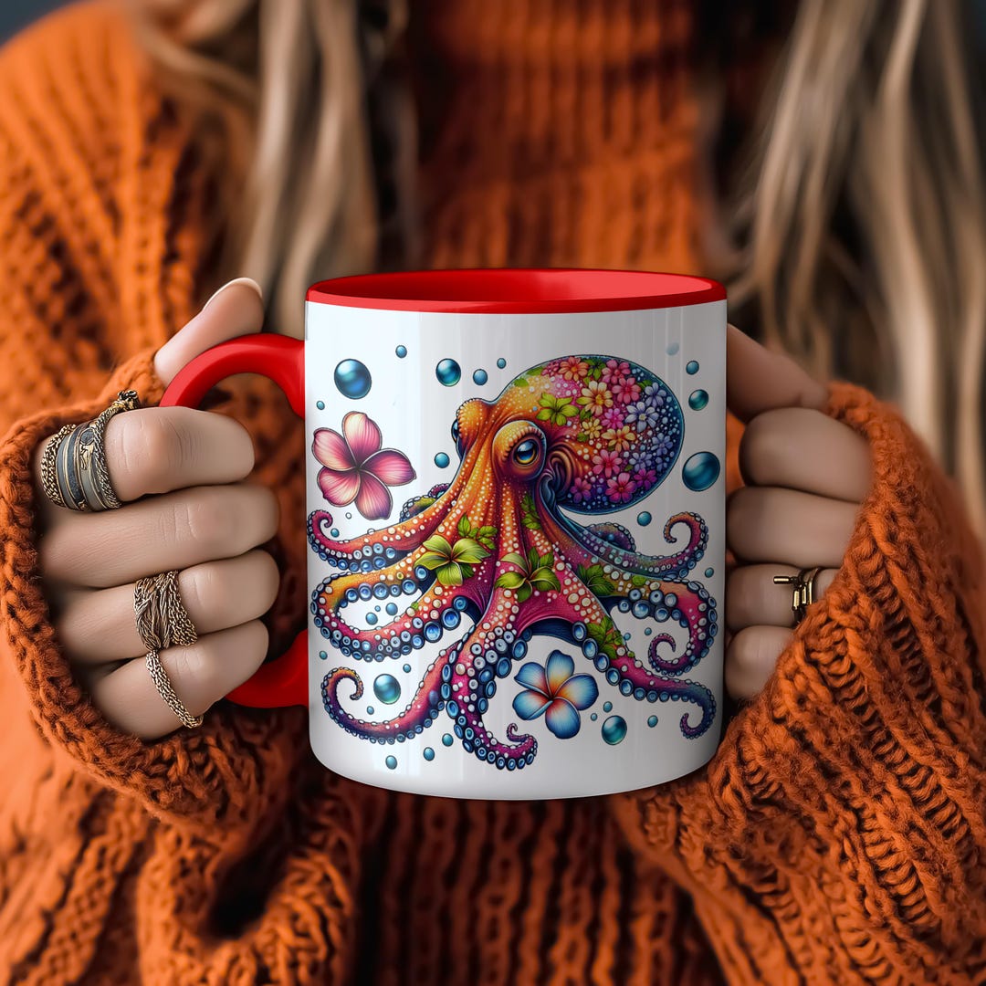 Colorful Floral Octopus Ceramic Coffee Mug, Ocean Coffee Lover Gift ...