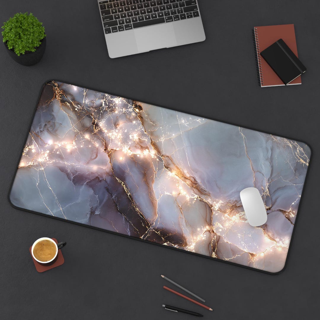 White Gold Marble Style Desk Mat, Abstract Large Computer Mat for ...