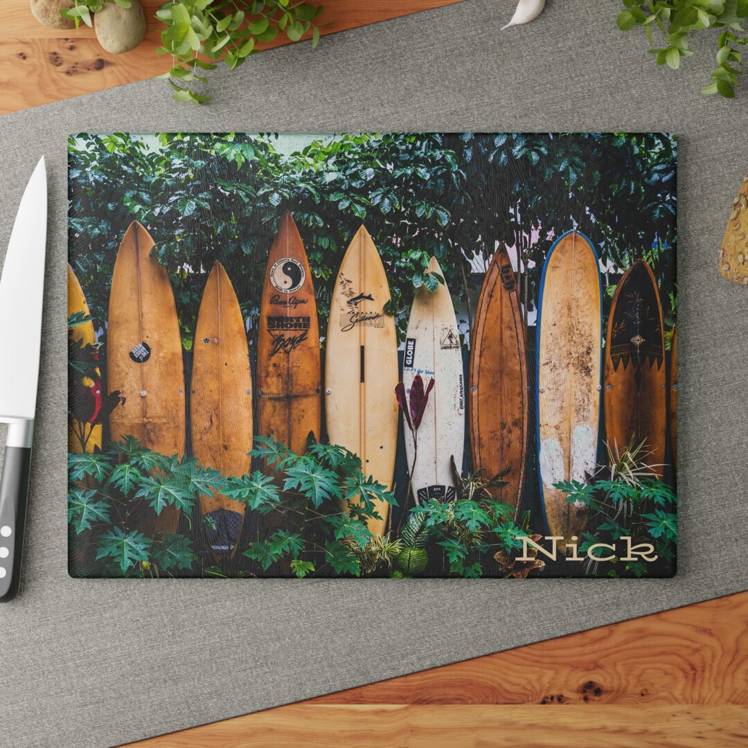 Personalized Surfboard Glass Cutting Board, Surfing Gifts, Custom Name ...