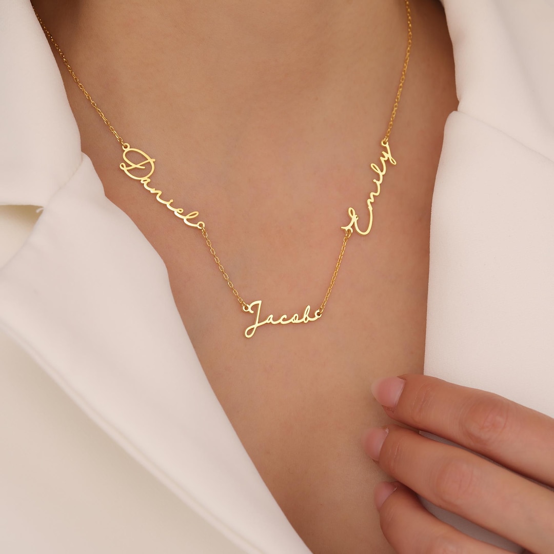 14K Solid Gold Three Name Necklace, Custom Family Name Necklace ...