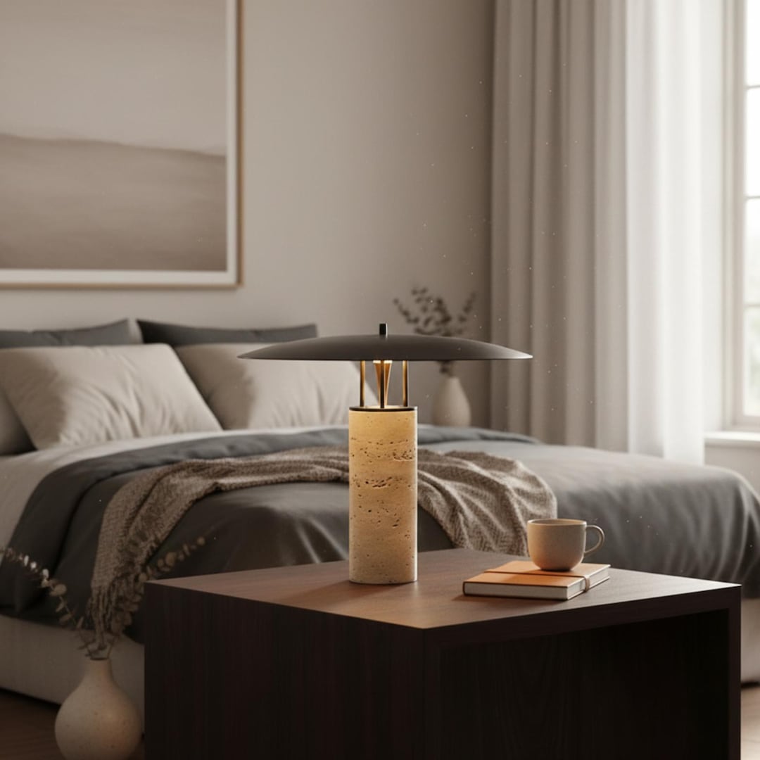 Travertine Table Lamp, Modern Stone Desk Lamp, Wabi Sabi LED Light ...