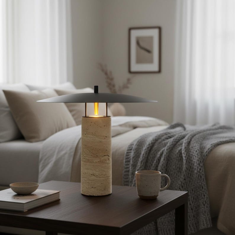 Travertine Table Lamp, Modern Stone Desk Lamp, Wabi Sabi LED Light ...