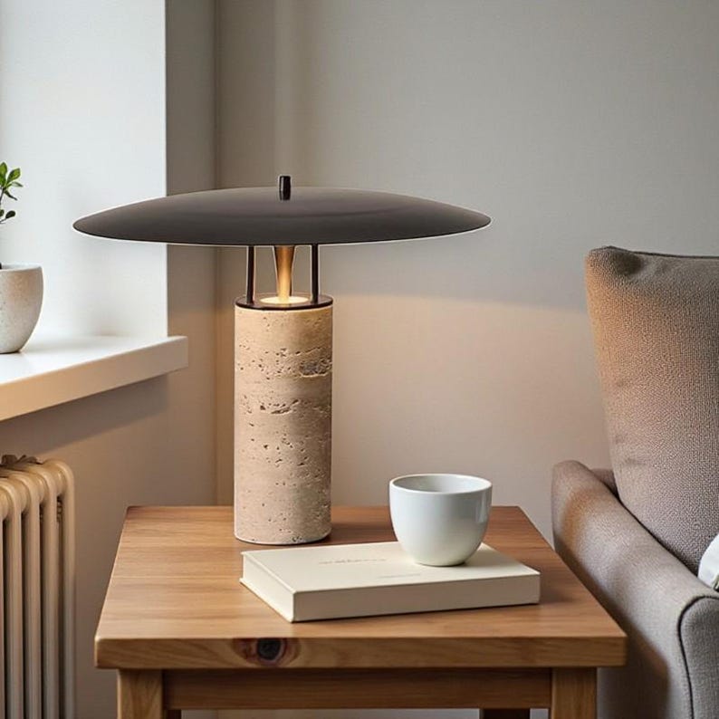 Travertine Table Lamp, Modern Stone Desk Lamp, Wabi Sabi LED Light ...