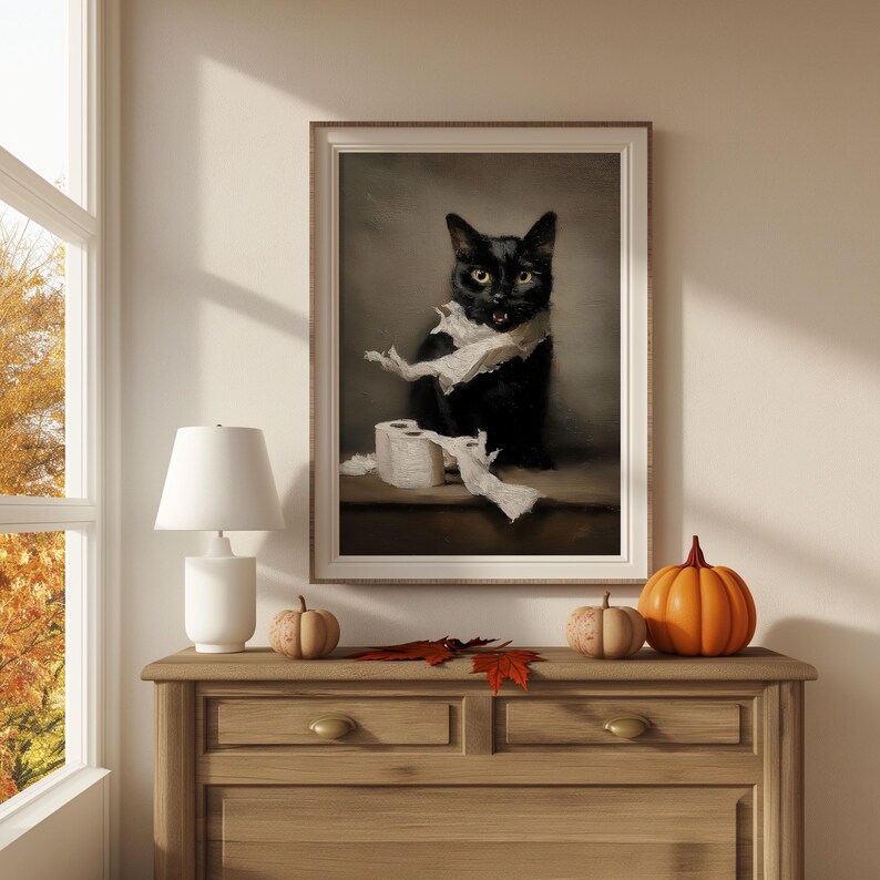 Funny Black Cat Halloween Print, Mummy Toilet Paper Art (digital ...