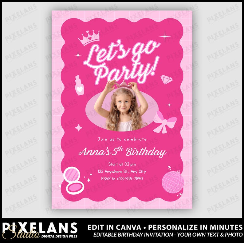 Girls Glam Birthday Invitation, Photo Canva Template (digital Download ...