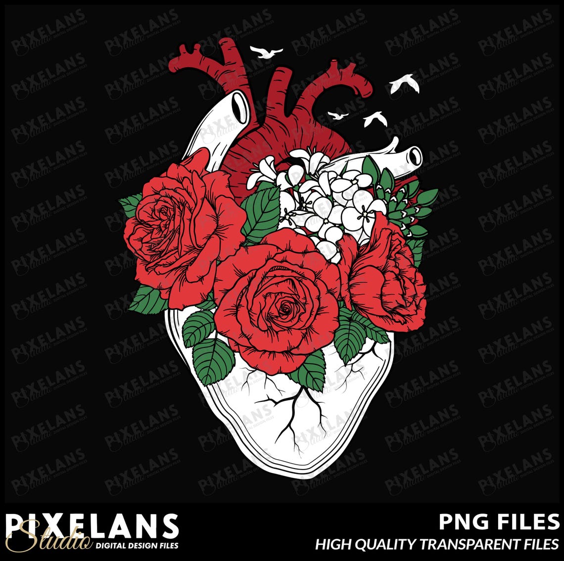 Floral Heart Digital Design Download, Floral Anatomical Heart Art, Rose ...